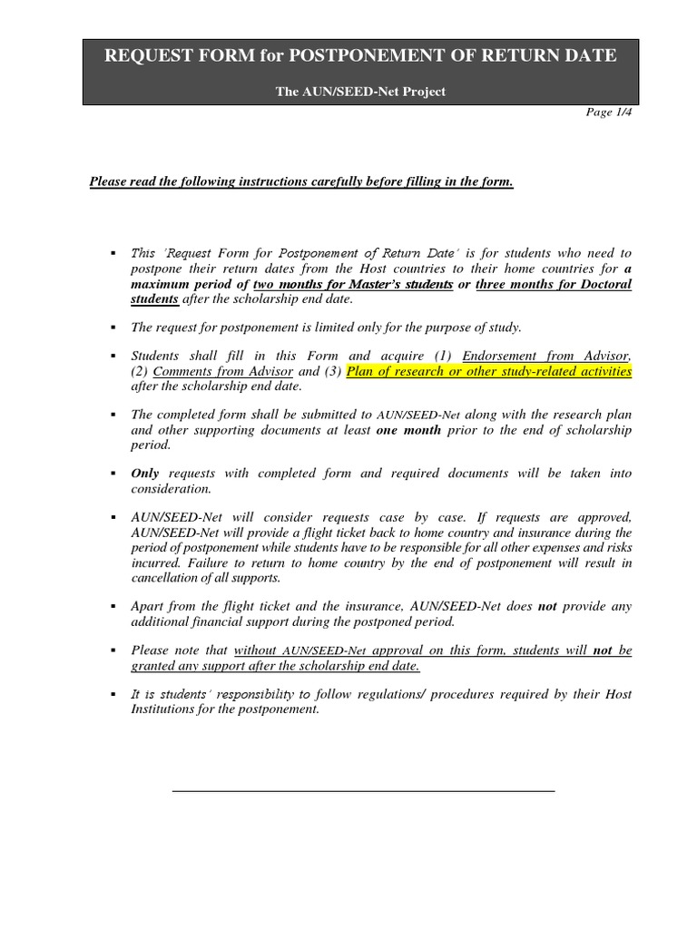 Request Form For Postponement of Return Date | PDF | Doctor Of Philosophy | Government