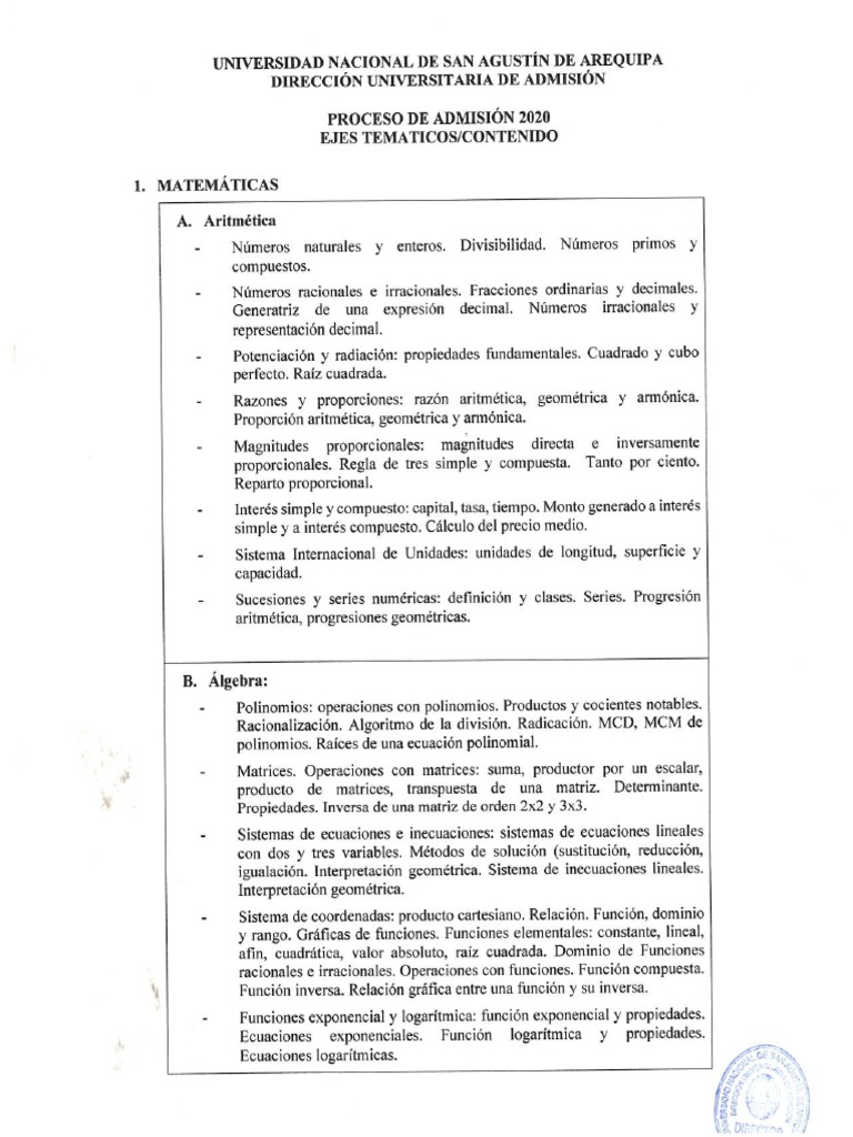 Temario Ordinario UNSA 2020 | PDF