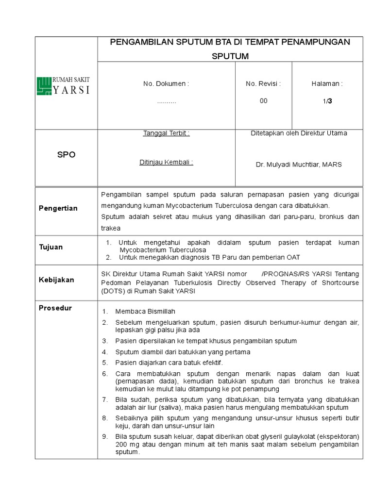 Spo Pengambilan Sputum Bta Di Tempat Penampungan Sputum | PDF
