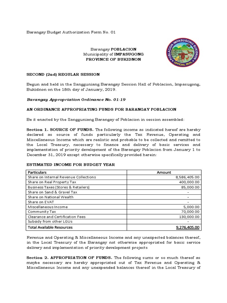 Barangay Budget Authorization Form CY2019 | PDF | Truck | Vehicles