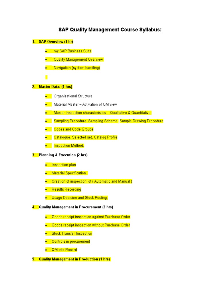 SAP QM Course Syllabus | PDF | Quality Management | Sampling (Statistics)