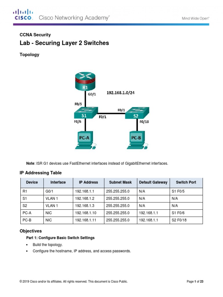 6.3.1.1 Lab - Securing Layer 2 Switches | PDF | Network Switch | Secure ...