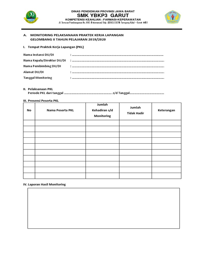 Lembar Monev PKL 2019 2020 | PDF