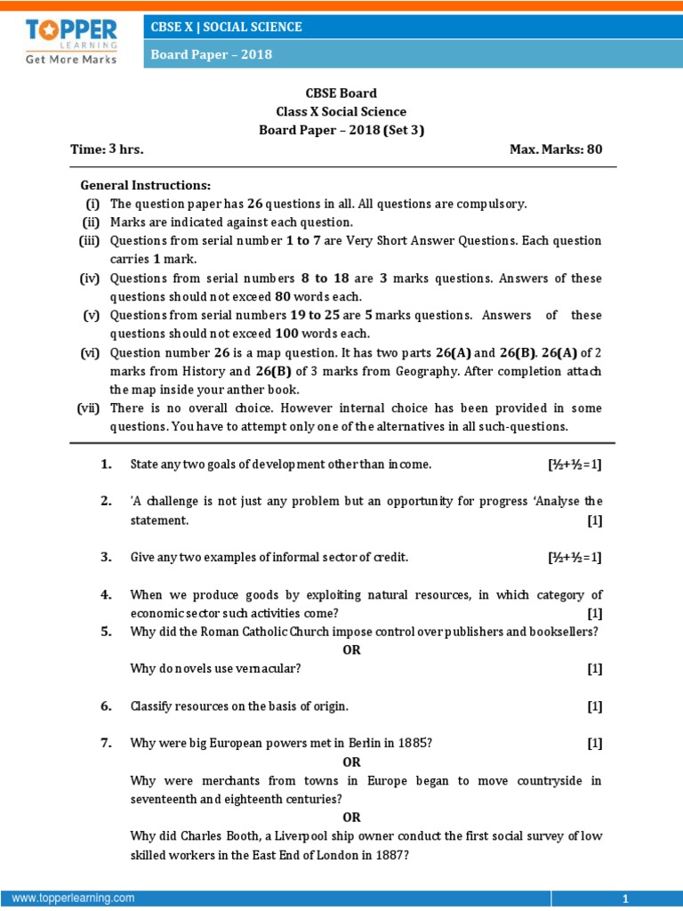 CBSE Board Class X Social Science Board Paper - 2018 (Set 3) Time: 3 Hrs. Max. Marks: 80 General ...