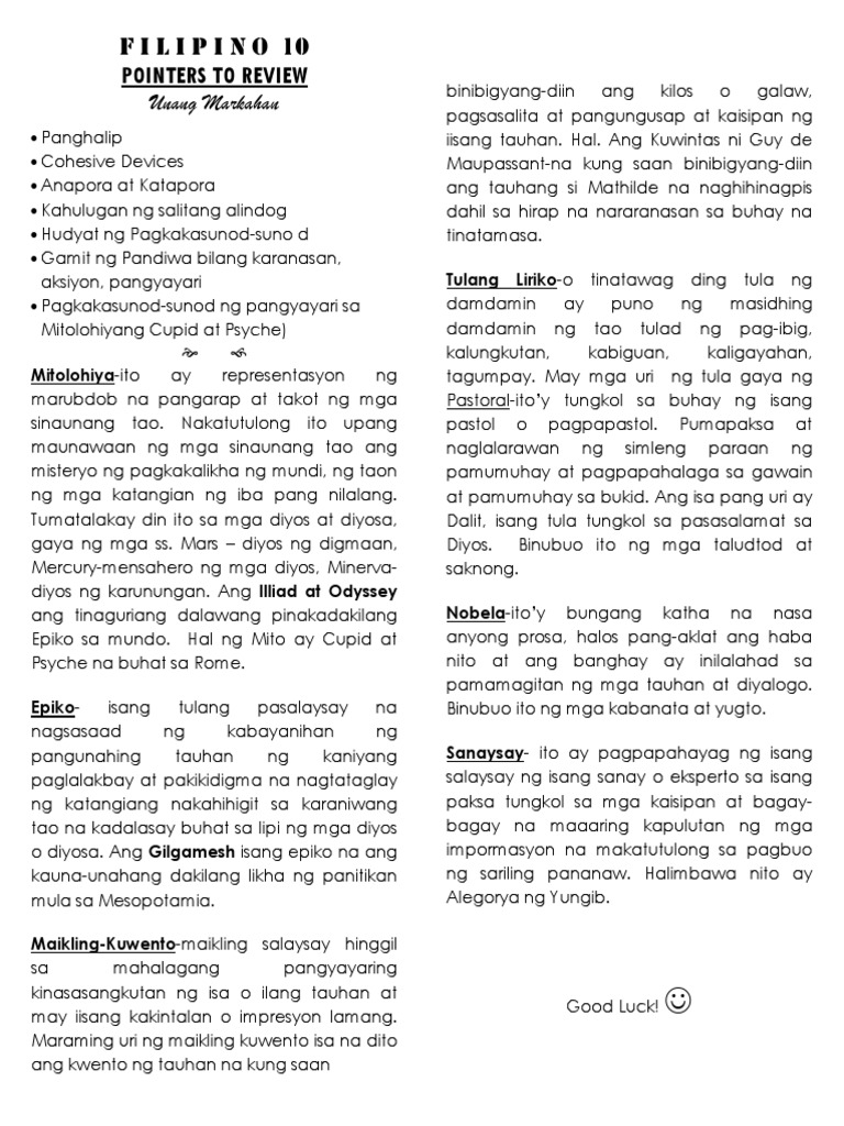 Pointers To Review: Filipino 10 | PDF