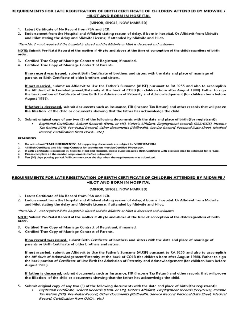 Requirements For Late Registration of Birth Certificate of Children ...