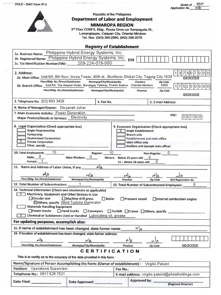 Form - Registry of Establishment | PDF
