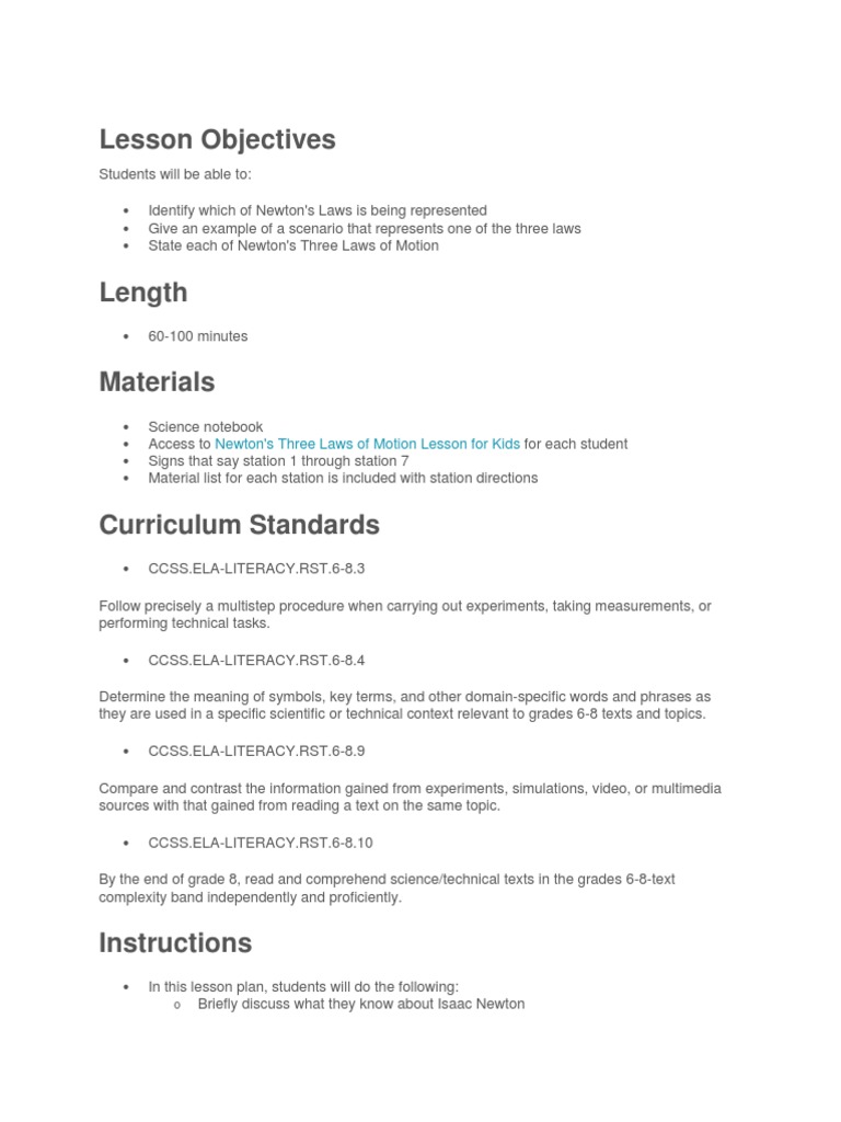 Lesson Plan For Laws of Motion | PDF | Newton's Laws Of Motion | Isaac ...