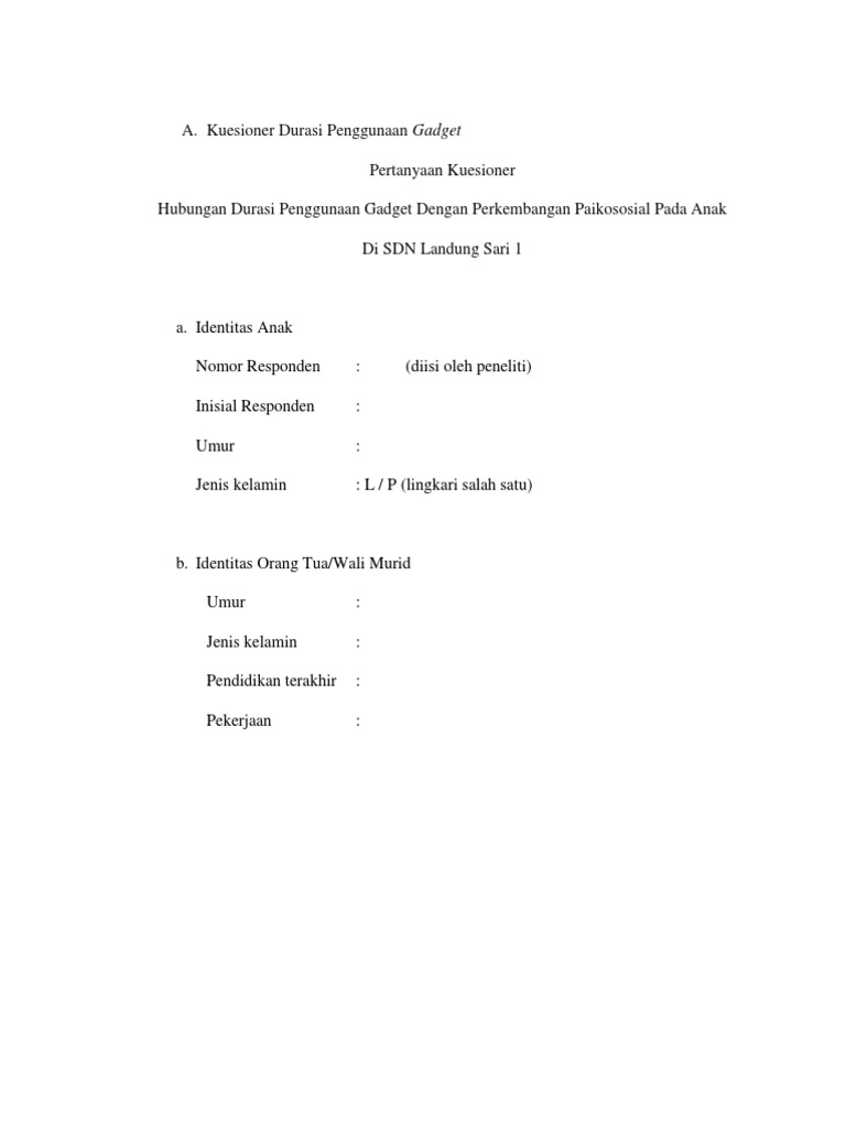 Kuesioner Durasi Penggunaan Gadget | PDF