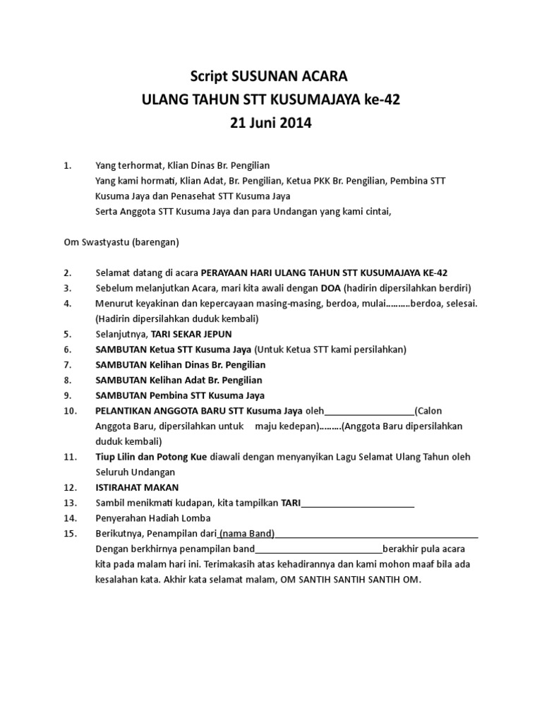 Script SUSUNAN ACARA ULANG TAHUN STT KUS | PDF | Agama & Spiritualitas