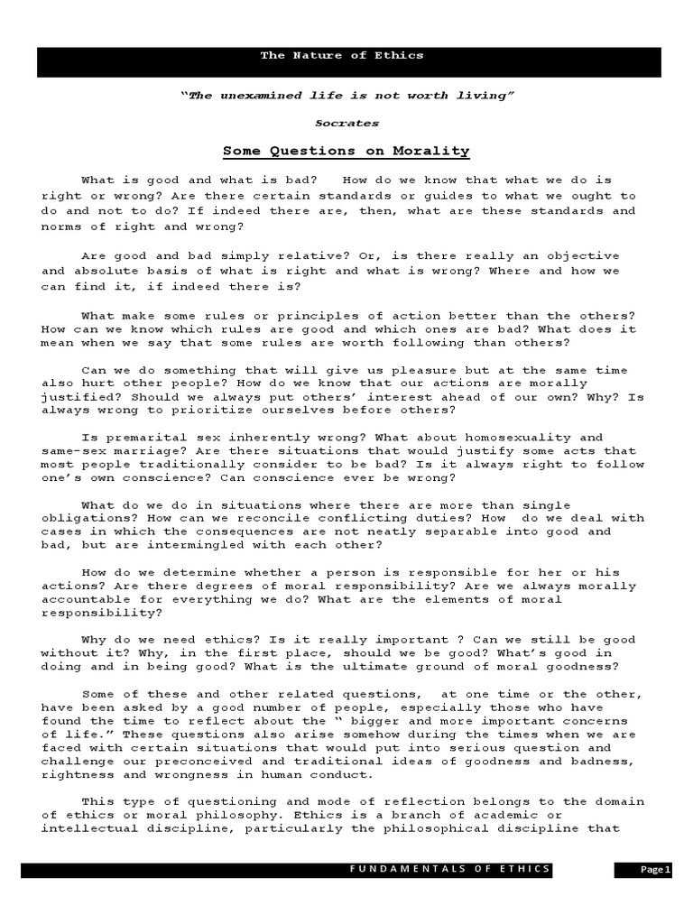 Some Questions On Morality: "The Unexamined Life Is Not Worth Living ...