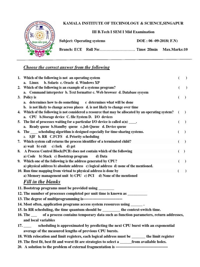Choose The Correct Answer From The Following: Subject: Operating Systems | PDF | Scheduling ...