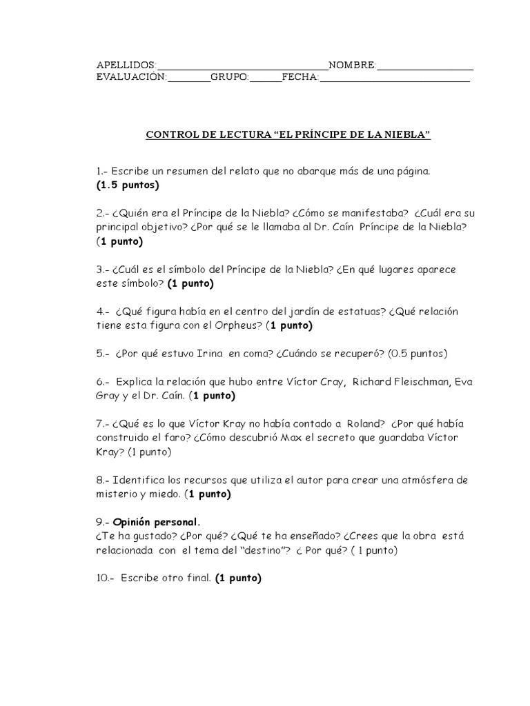 Evaluación de "El Príncipe de la Niebla" | PDF | Artes del Lenguaje y ...