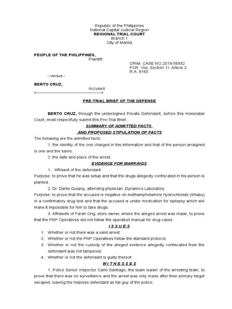 Regional Trial Court: Summary of Admitted Facts and Proposed ...