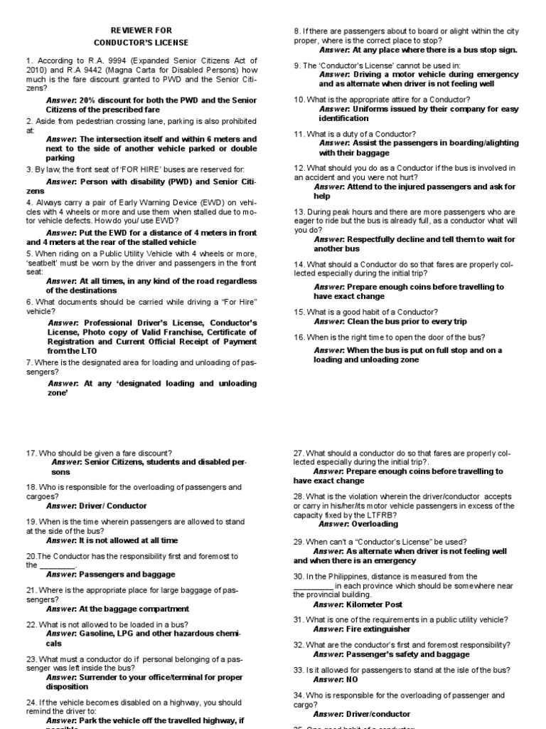 Conductor's License Exam Reviewer | PDF | Conductor (Rail) | Traffic