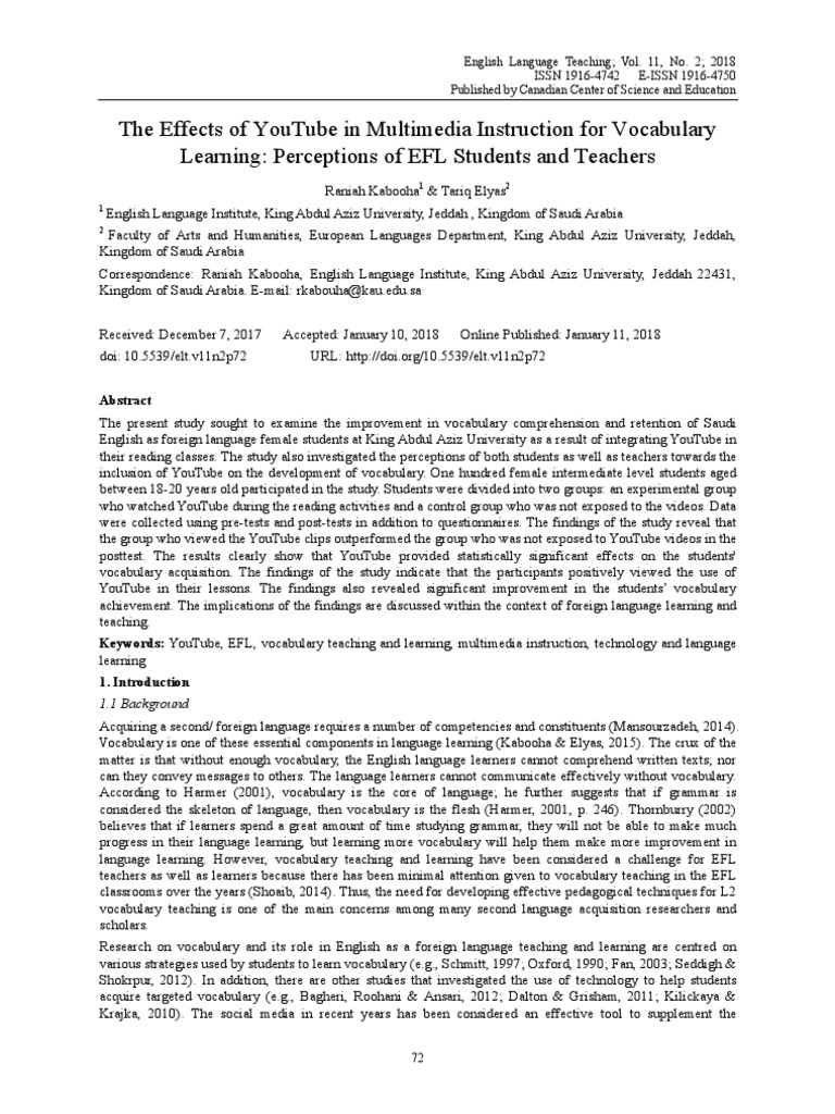 The Effects of YouTube in Multimedia Instruction For Vocabulary ...