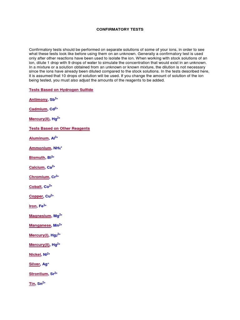 SB, CD, HG: Confirmatory Tests | PDF | Metallic Elements | Metals