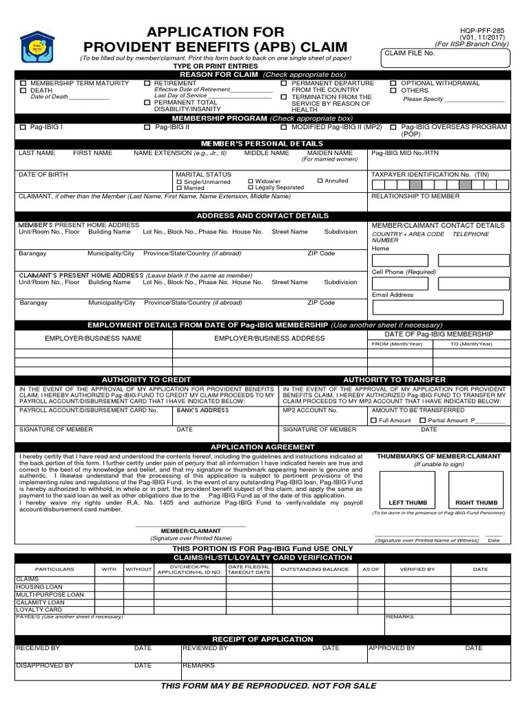 Application For Provident Benefits (Apb) Claim: Type or Print Entries ...