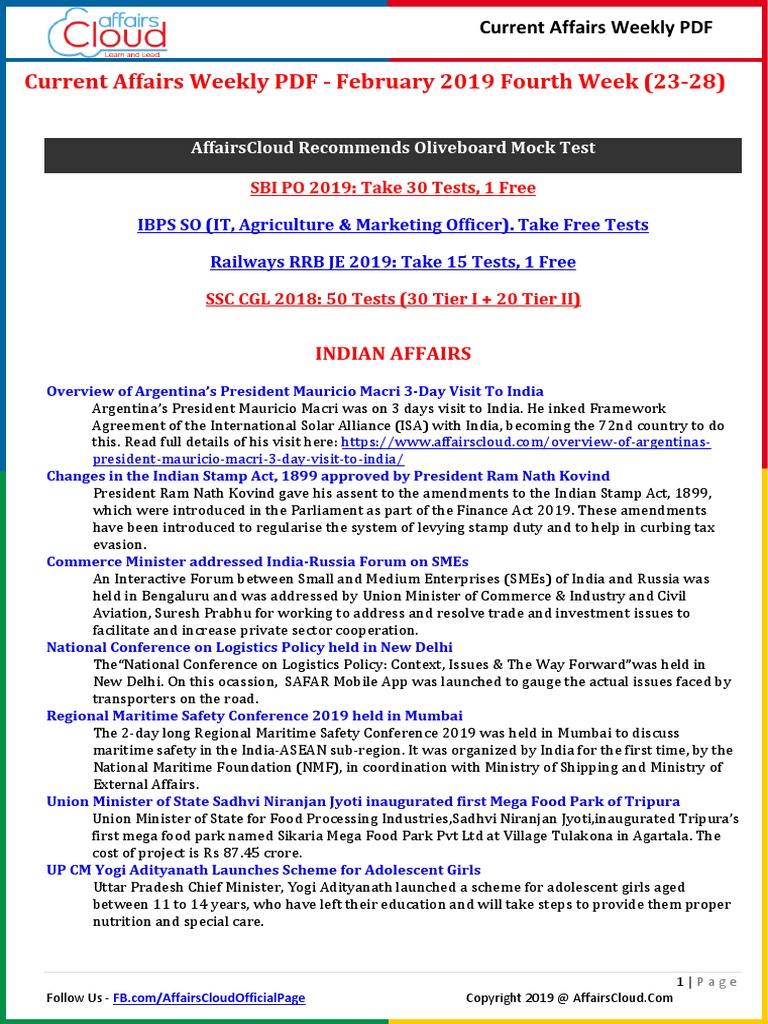 Current Affairs Weekly Pdf February 2019 Fourth Week 23 28 Pdf