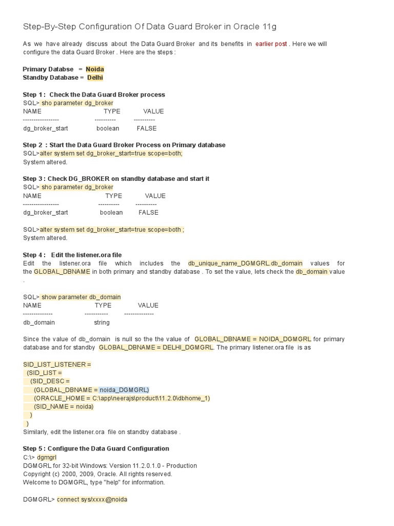 Dg Broker In Oracle11g Pdf Oracle Database Databases