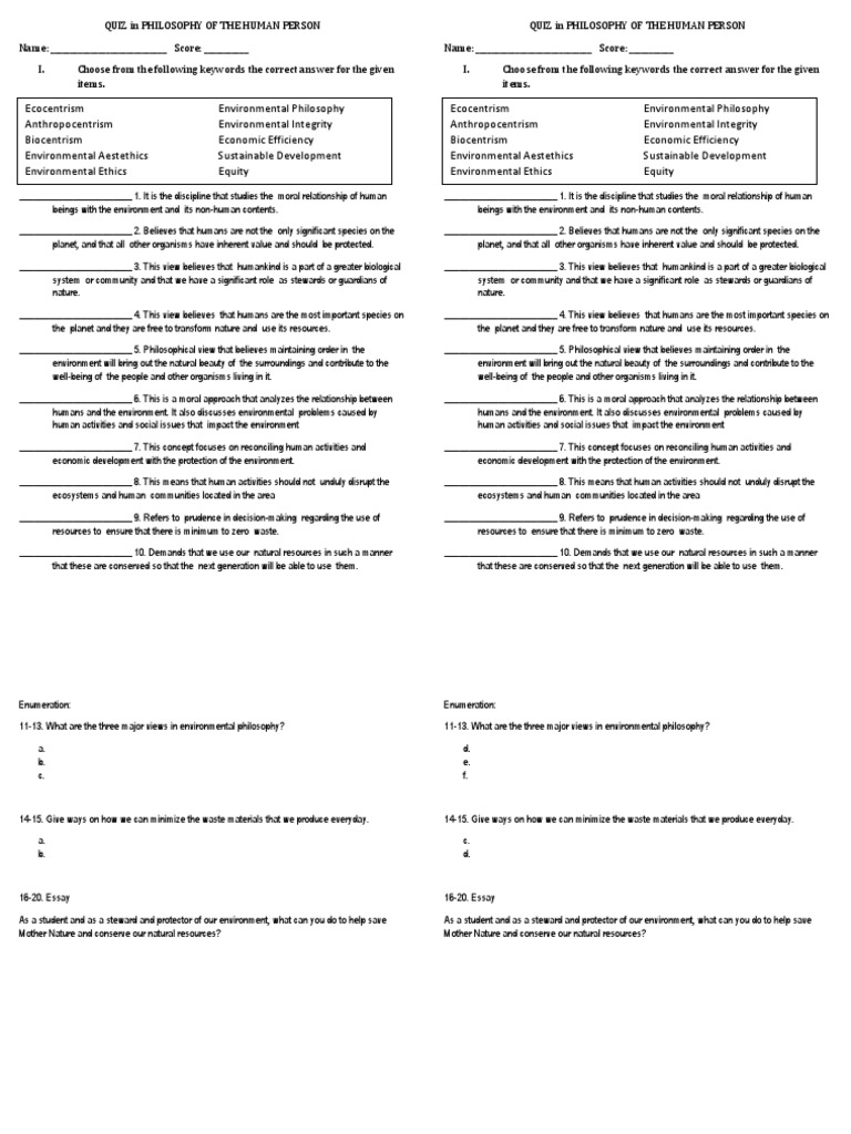 QUIZ in PHILOSOPHY OF THE HUMAN PERSON | PDF | Natural Environment ...