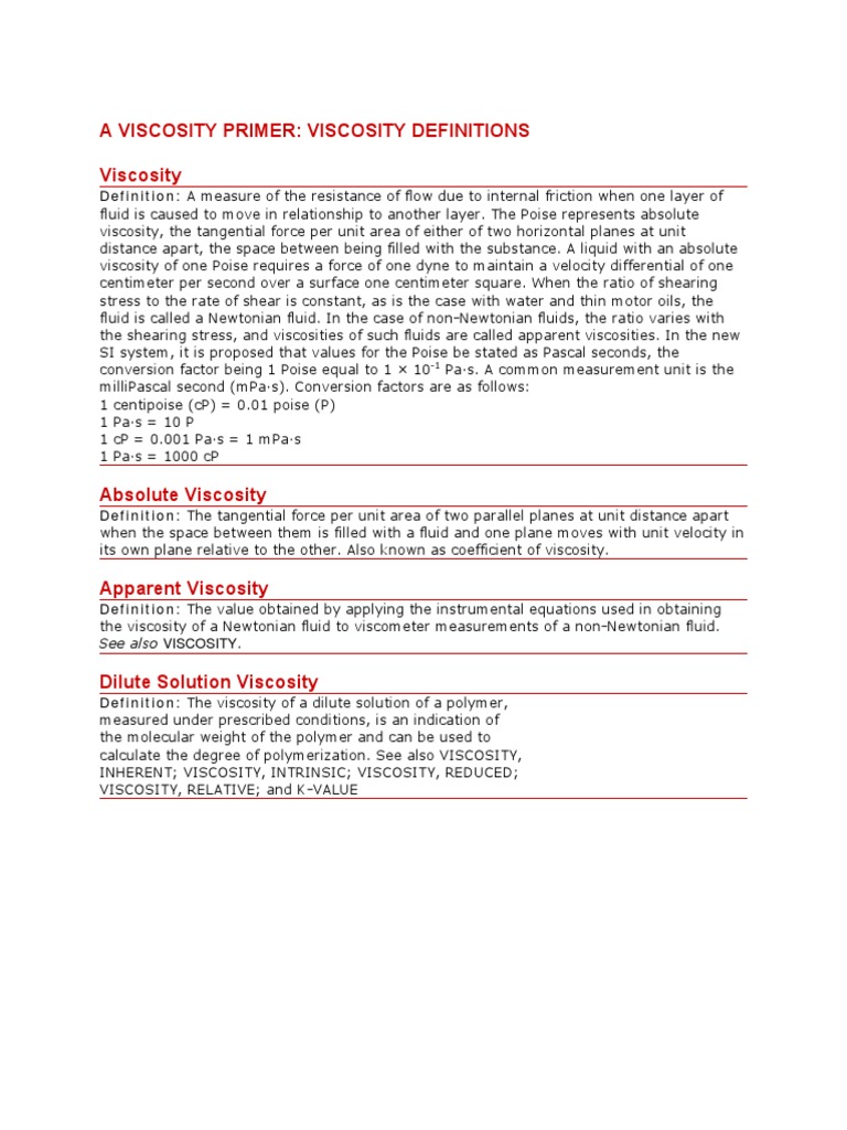 A Viscosity Primer: Viscosity Definitions Viscosity | PDF | Viscosity | Shear Stress