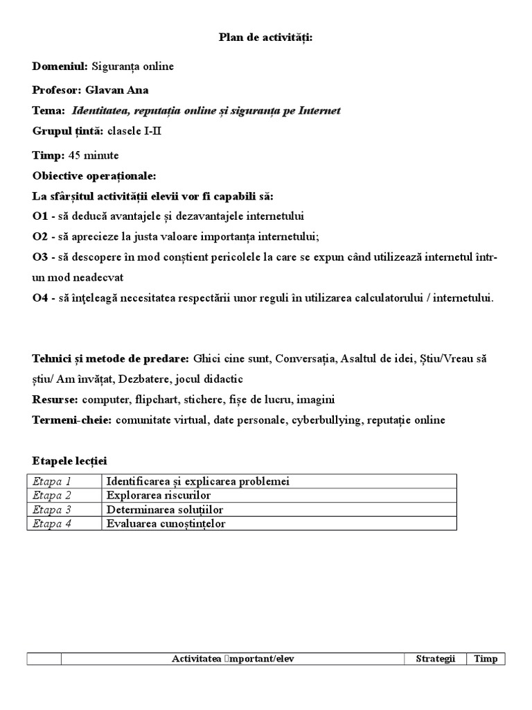 Plan de Activitate Securitatea Online | PDF