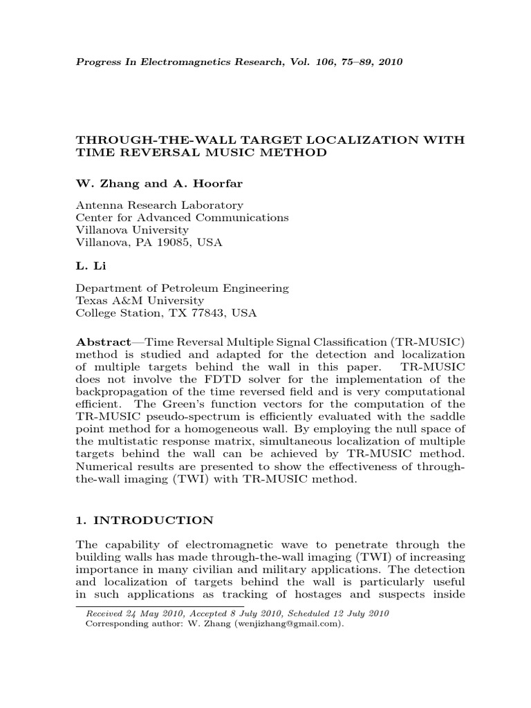 Through-The-Wall Target Localization Using Time Reversal MUSIC Method | PDF | Eigenvalues And ...