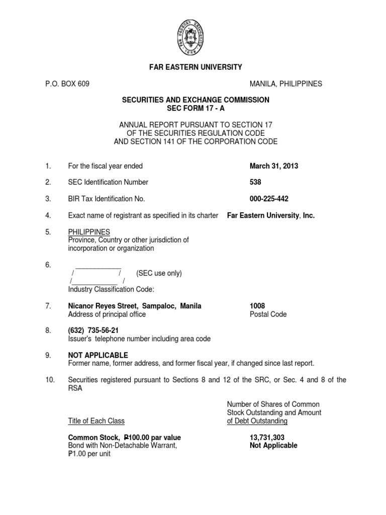 Sec Form 17 A - As of March 31, 2013 | PDF | Dividend | Bachelor's Degree