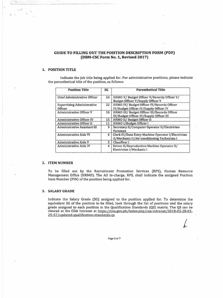 Position Description Form (DBM-CSC Form No. 1) - GUIDELINES PDF | PDF