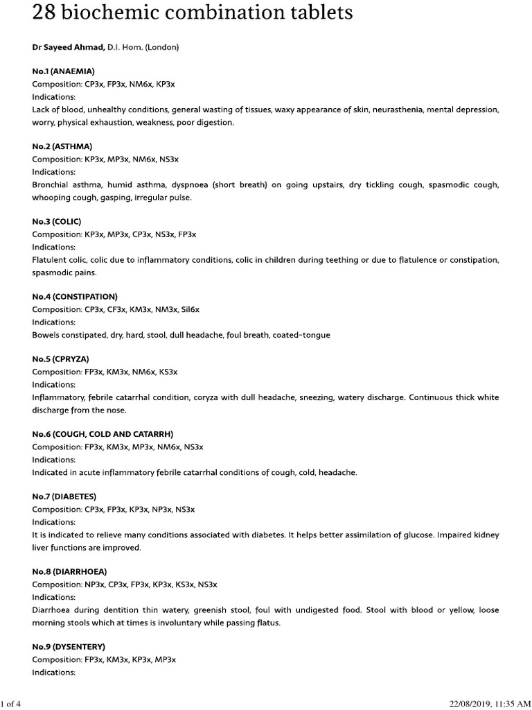 28 Biochemic Combination Tablets - Homeopathy Resource by Homeobook | PDF