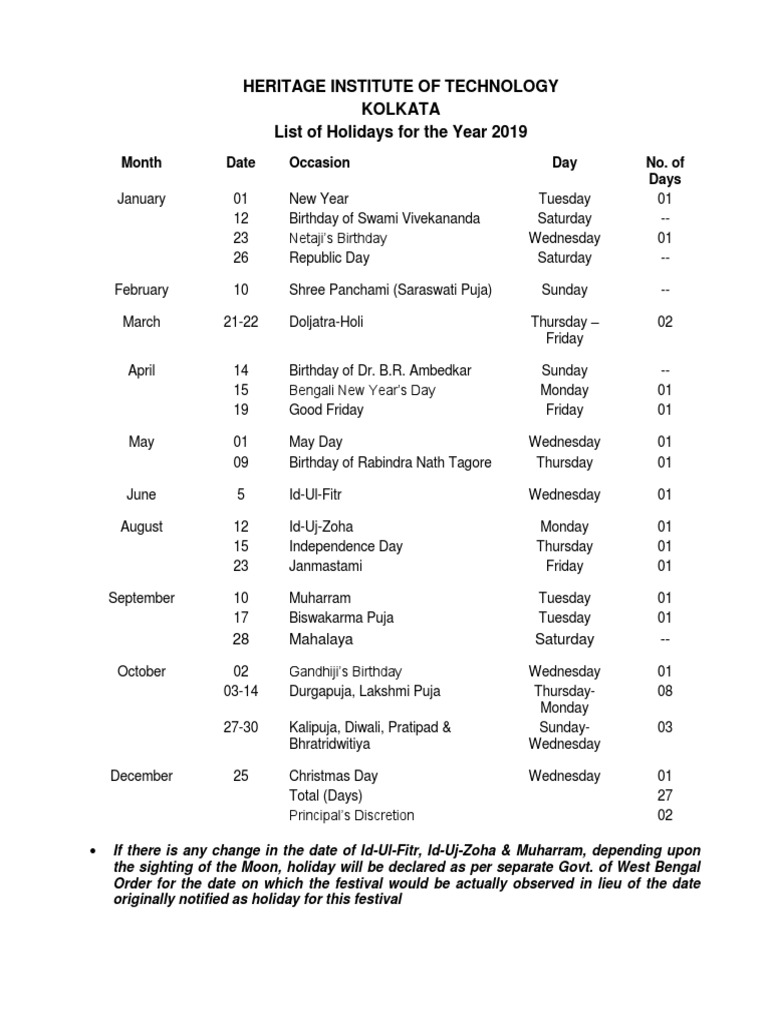 Heritage Institute of Technology Kolkata List of Holidays For The Year ...
