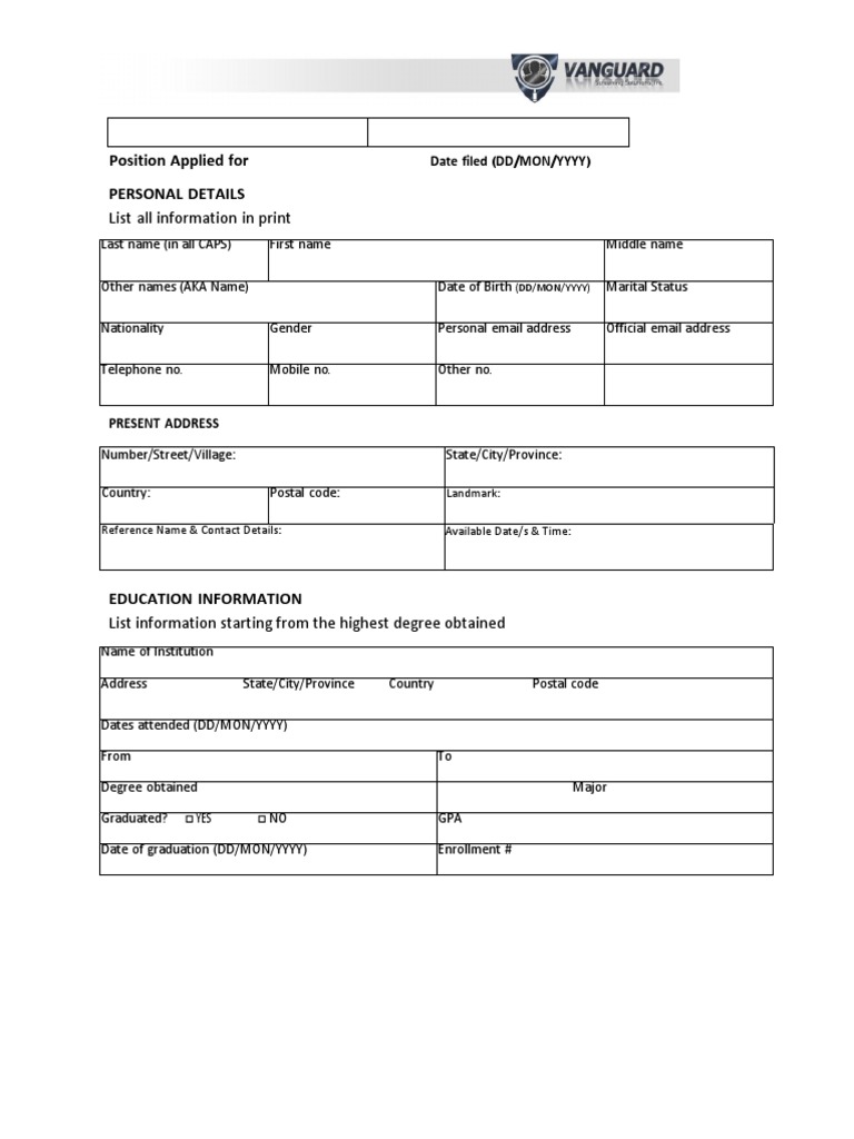 Vanguard - Job Application Form For ABS-CBN V3 | PDF | Employment ...