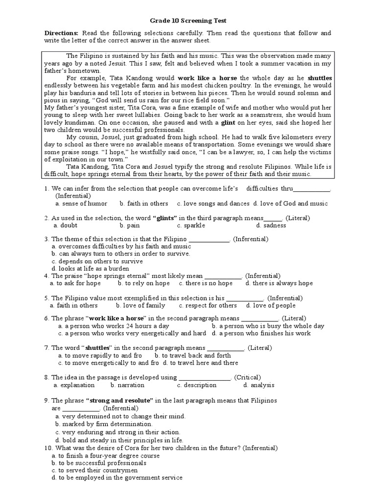 Grade 10 Screening Test | PDF | Sexism | Prejudices
