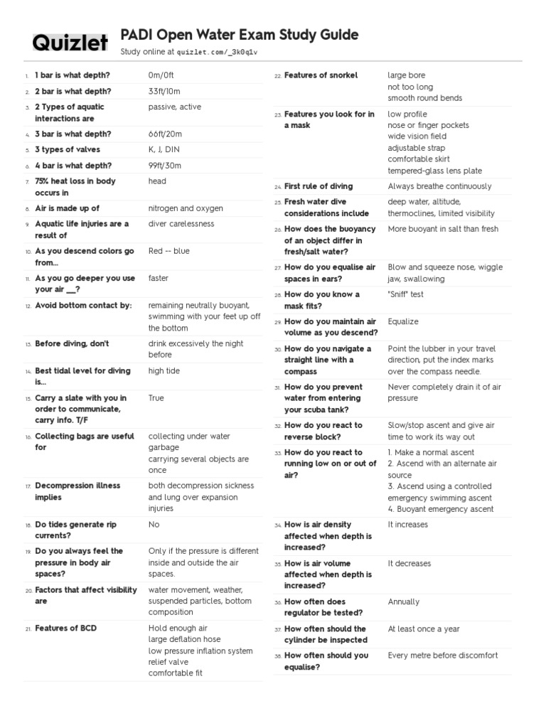 PADI Open Water Exam Study Guide | PDF | Scuba Diving | Underwater Diving