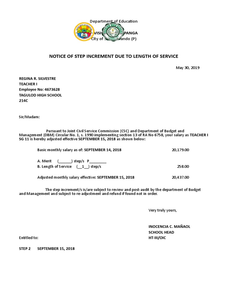 Notice of Step Increment Due To Length of Service | PDF | Government ...