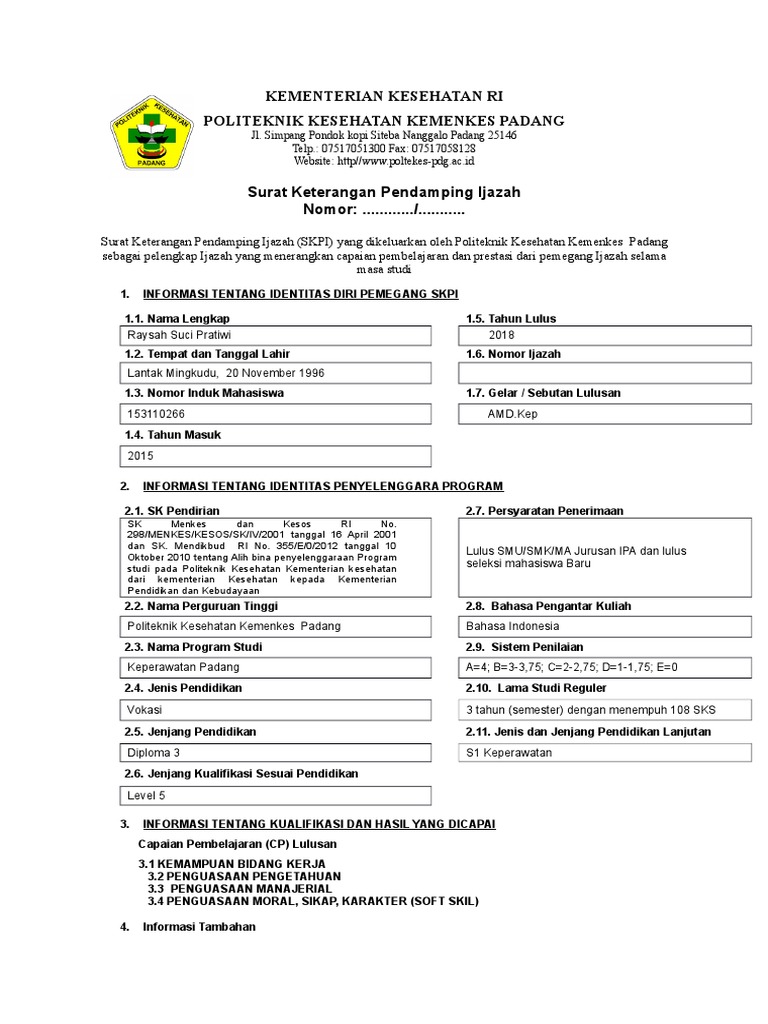 Contoh SKPI Ijazah Keperawatan 2018 | PDF | Karier & Perkembangan ...