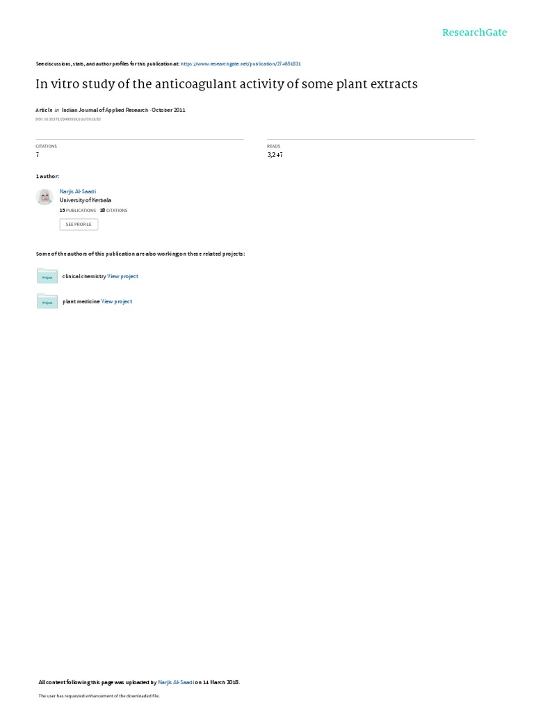 In Vitro Study of The Anticoagulant Activity of Some Plant Extracts ...