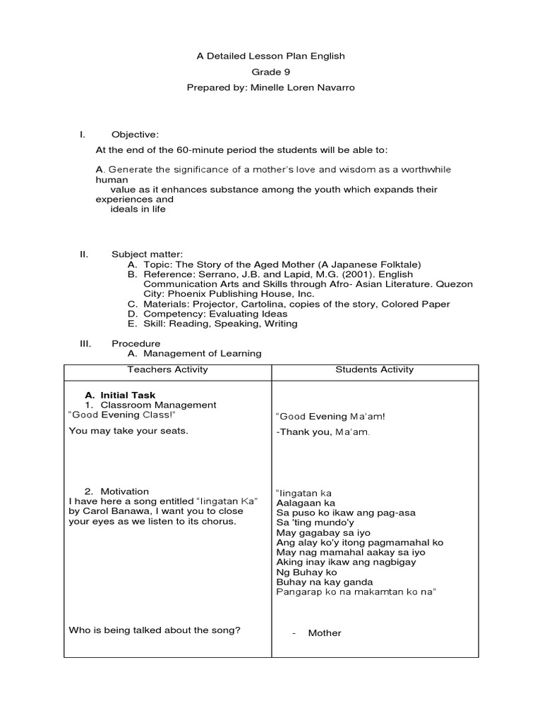 A Detailed Lesson Plan THE STORY OF THE AGed | PDF