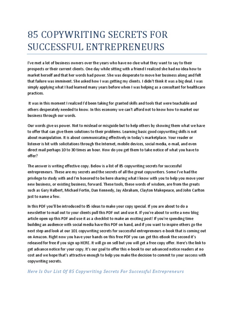 85 Copywriting Secrets to Boost Your Business | PDF | Copywriting | E Books