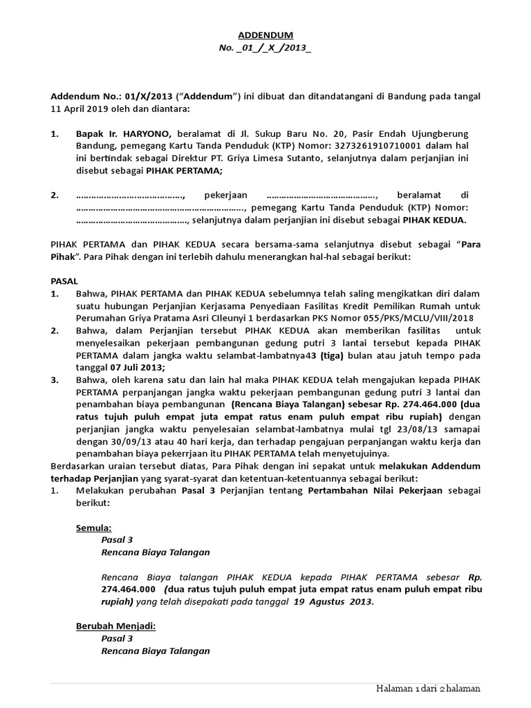 Contoh Addendum Perjanjian Kerjasama | PDF