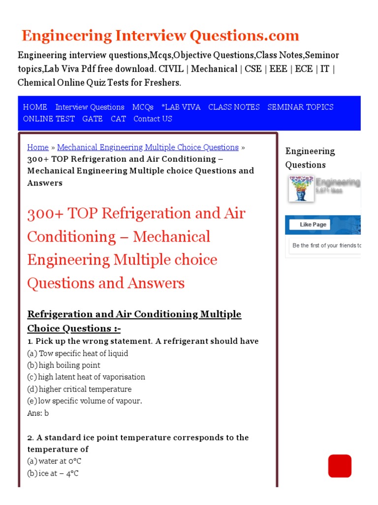 300+ TOP Refrigeration & Air Conditioning Multiple Choice Questions PDF ...