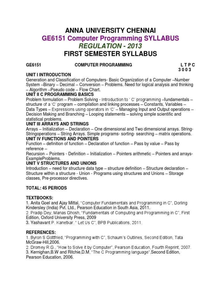 GE6151 Computer Programming SYLLABUS: Anna University Chennai | PDF