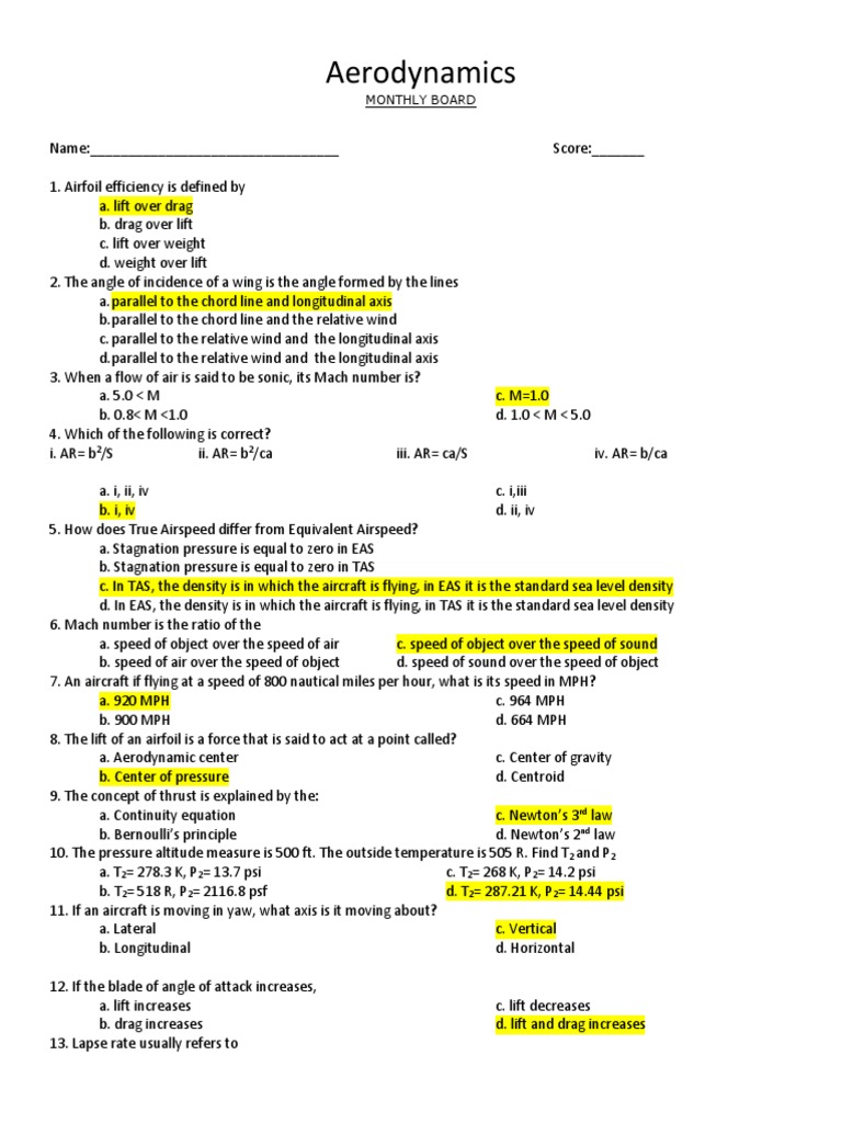 Aerodynamics Exam Questions and Answers | PDF | Lift (Force) | Troposphere