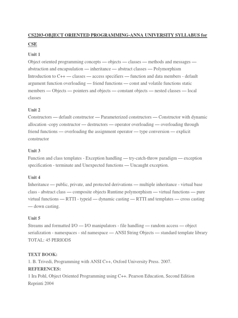 Unit 1 Cs2203 Object Oriented Programming Anna University Syllabus For Cse Pdf C