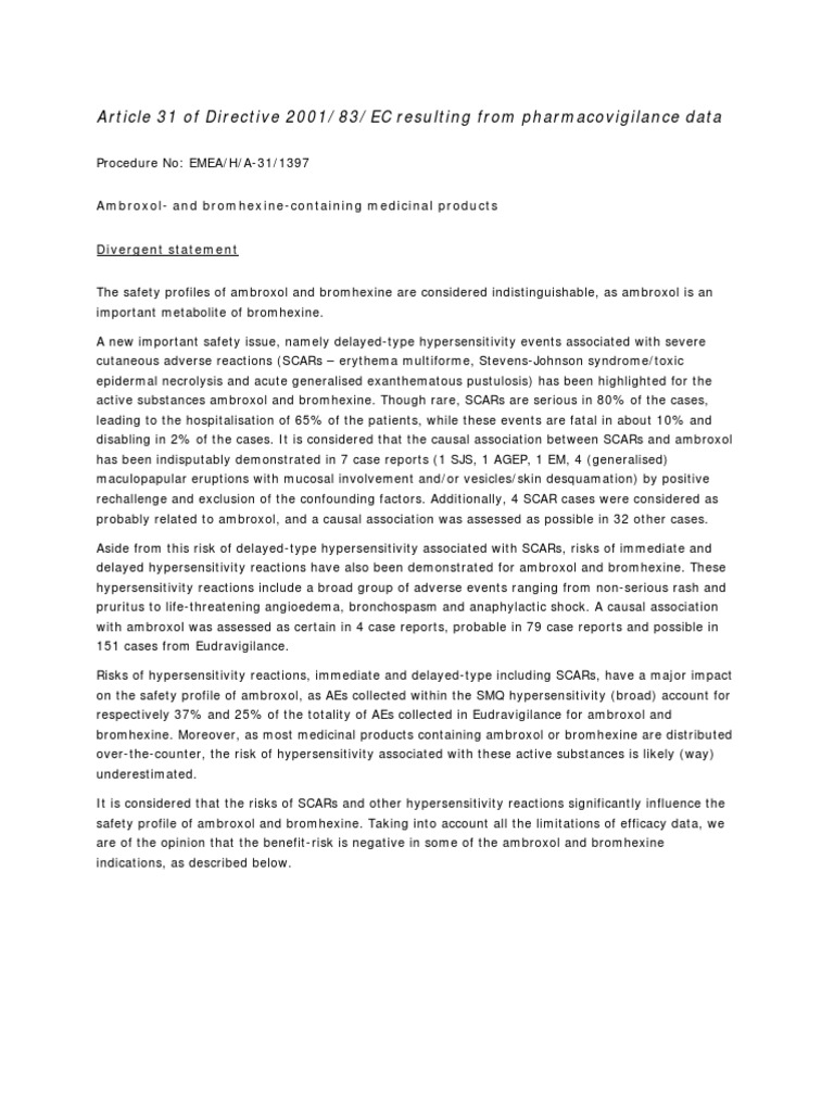 Article 31 of Directive 2001/83/EC Resulting From Pharmacovigilance ...