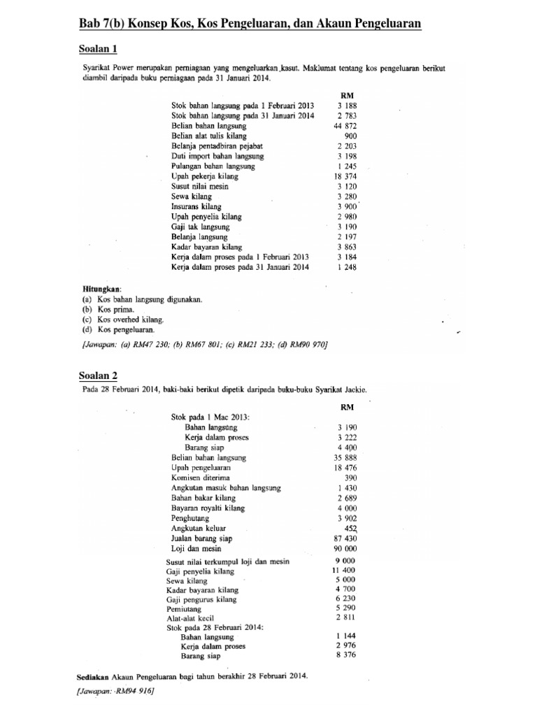 Bab 7(b) Konsep Kos, Pengeluaran & Akaun Pengeluaran Soalan 1-11 | PDF