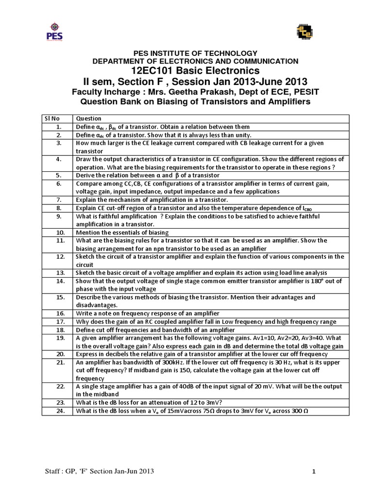 Basic Electronics Question Bank 3 PDF | PDF | Amplifier | Transistor