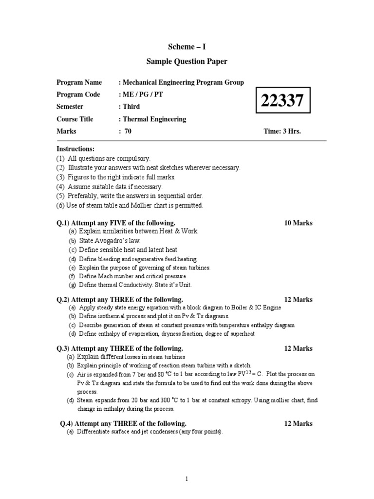 Sample Question Paper Thermal Engineering | Download Free PDF | Enthalpy | Heat Transfer