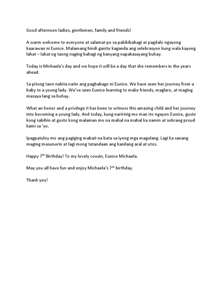 Welcome Speech for Eunice's 7th Birthday | PDF | Sports & Recreation ...